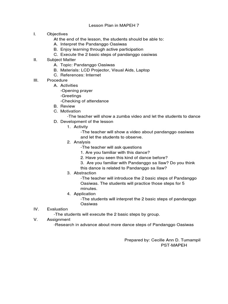 Lesson Plan in Pandanggo Oasiwas | PDF