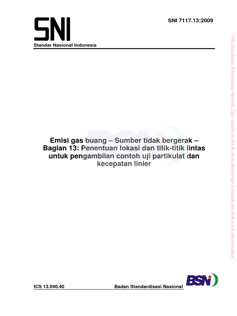 SNI 7117.13-2009 Emisi STB Sampling Lokasi Titik Lintas Partikulat & Kecepatan Linier PDF | PDF