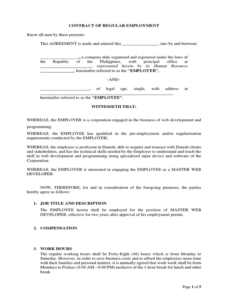 Regular Employment Contract for Danish Speaking Web Developer | PDF