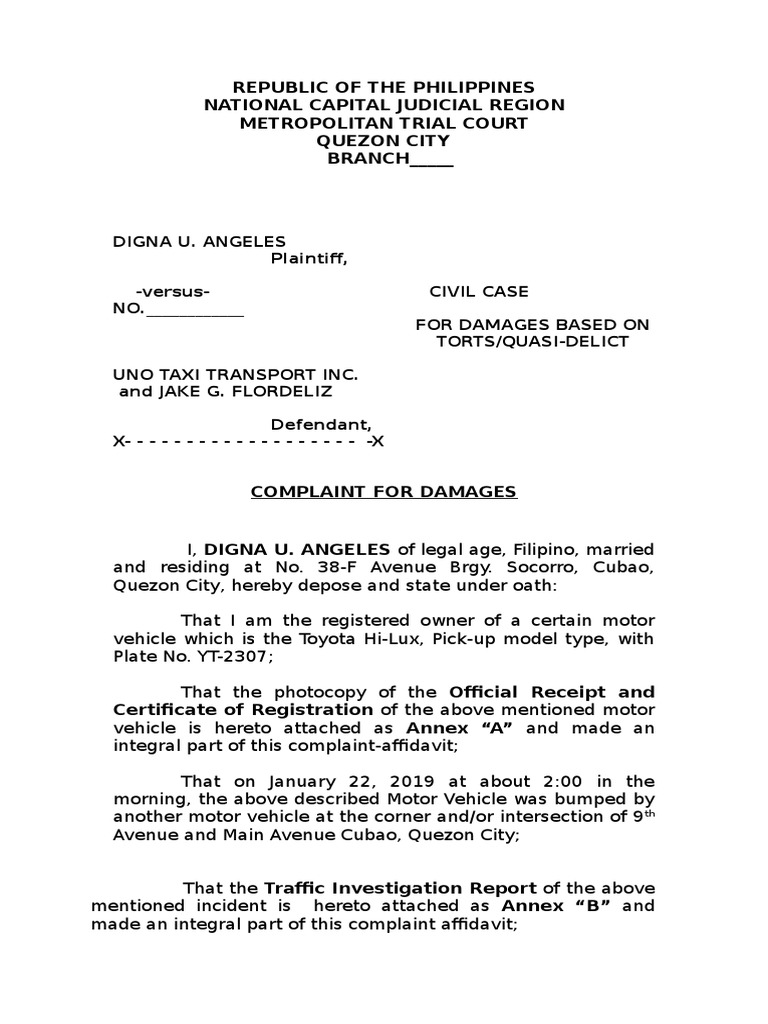 Complaint for Damages in Car Accident | PDF