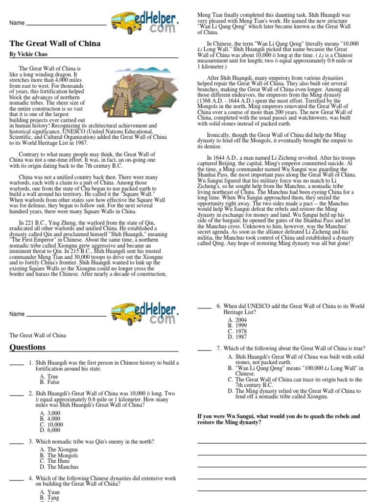 The Great Wall of China Worksheet | PDF