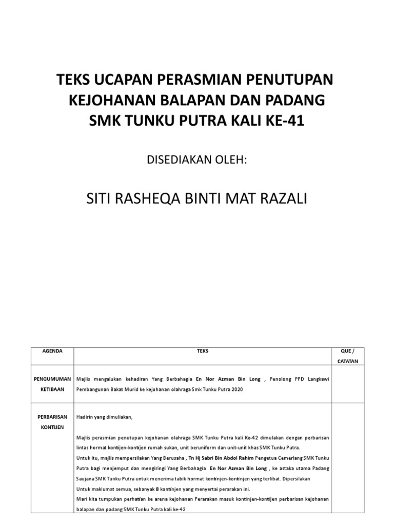 Teks MC Sukan 2020 | PDF