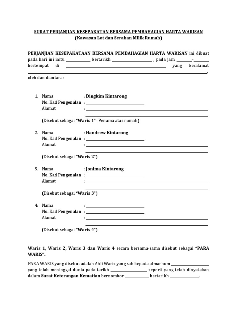 Surat Perjanjian Kesepakatan Bersama Dalam Pembahagian Harta Warisan | PDF