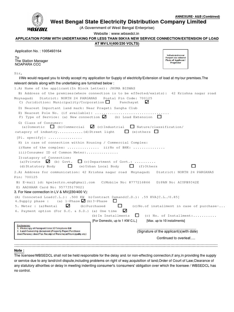 WBSEDCL New Connection Application Form | PDF | Law