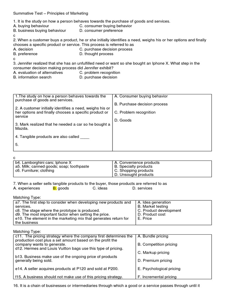 Summative Test-Marketing-Ak | PDF | Career & Growth | Finance & Money ...