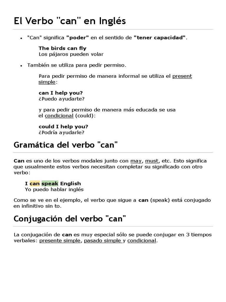 El Verbo "Can" en Inglés: Uso y Conjugación | PDF | Artes del Lenguaje ...