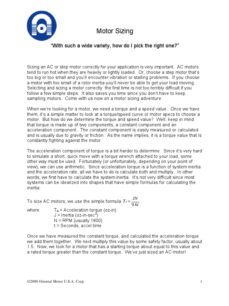 WP Motor Sizing | PDF | Torque | Inertia