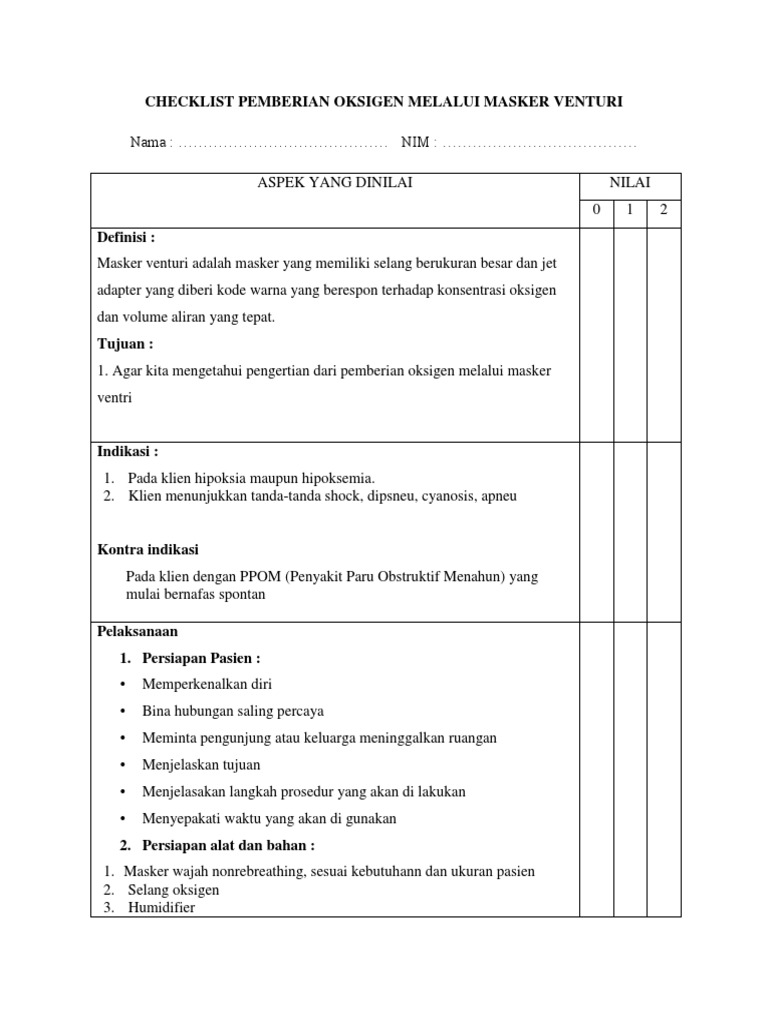 Checklist Pemberian Oksigen Melalui Masker Venturi | PDF