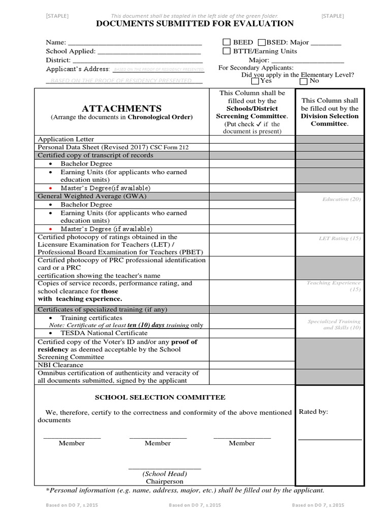ATTACHMENT CHECKLIST (Teacher 1 Position) | PDF