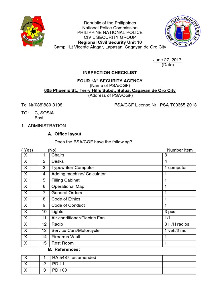 FOUR A Security Agency Inspection Checklist | PDF | Business