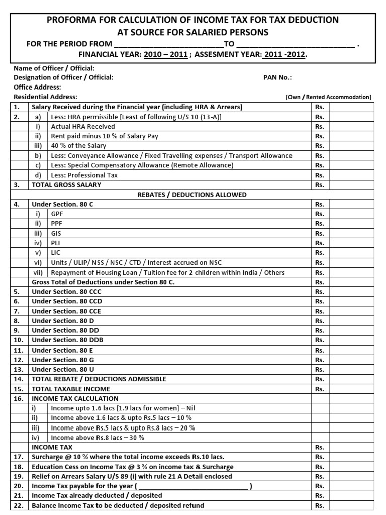 Income Tax Computation Proforma for Salaried | PDF | Income Tax In ...
