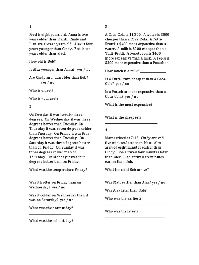 Comparative Superlative Brain Teasers Reading Comprehension Exercises ...