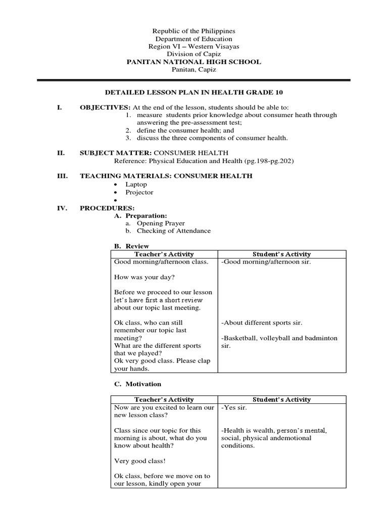 Detailed Lesson Plan For Health (Consumer Health) | PDF