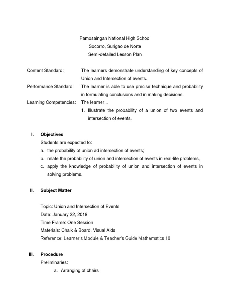 Union & Intersection Events Lesson Plan | PDF