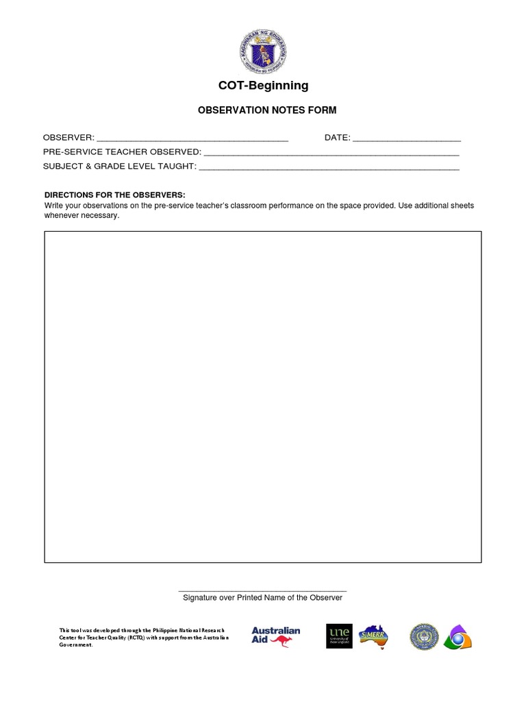COT Beginning Observation Notes Form | PDF | Finance & Money Management