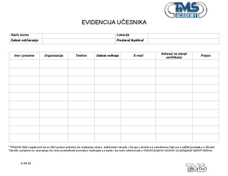 Evidencija Učesnika | PDF