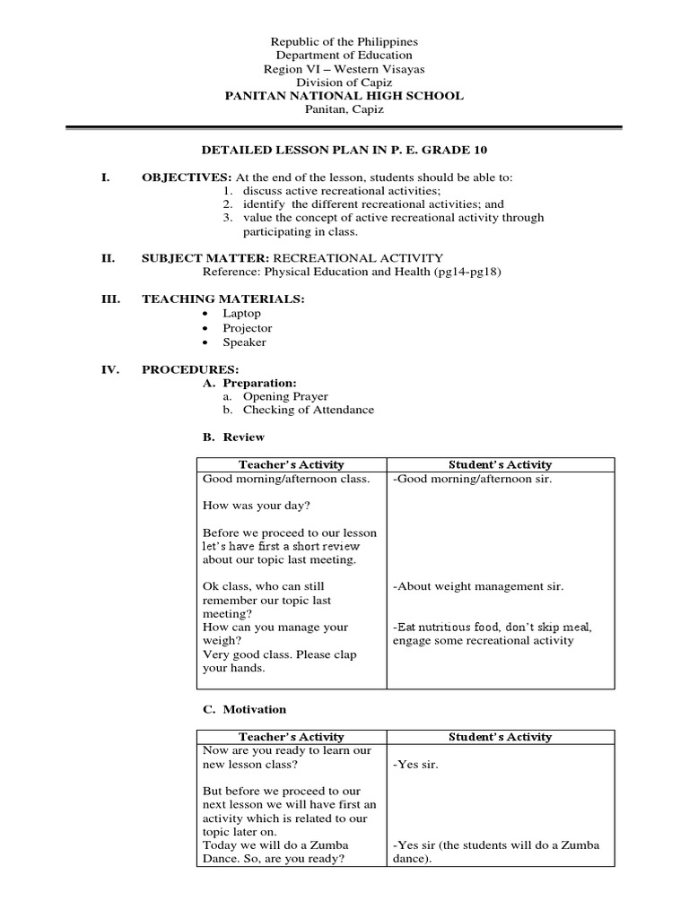 Detailed Lesson Plan in P.E. (Recreational Activities) | PDF