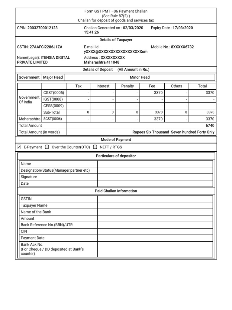 GST PMT-06 Payment Challan Details | PDF