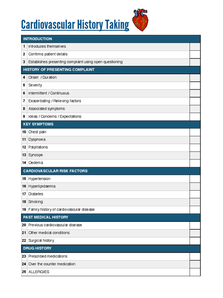 Cardiovascular History Taking OSCE Mark Scheme | PDF