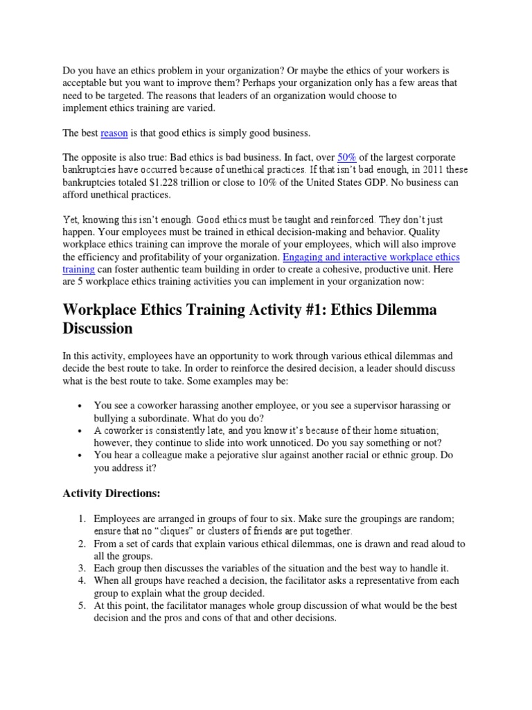 Workplace Ethics Training Activities | PDF
