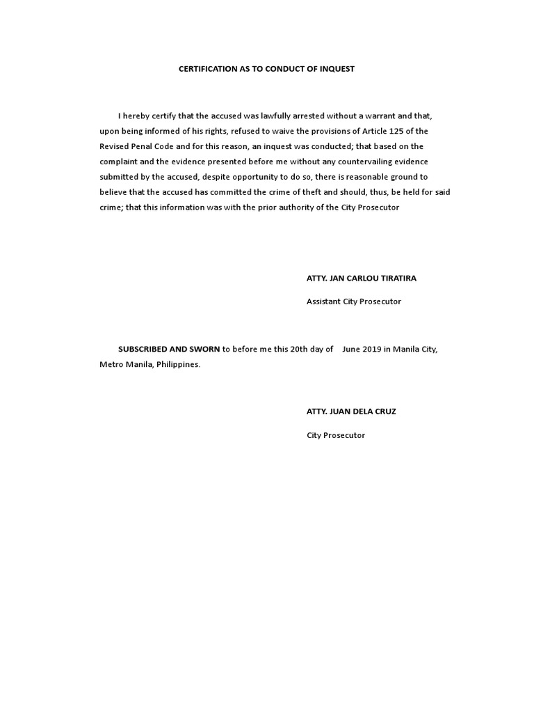Inquest Certification for Theft Case | PDF