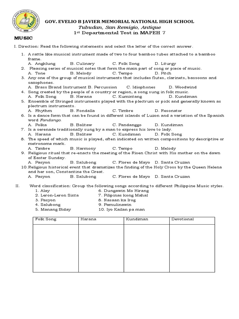 Grade 7 MAPEH Test | PDF