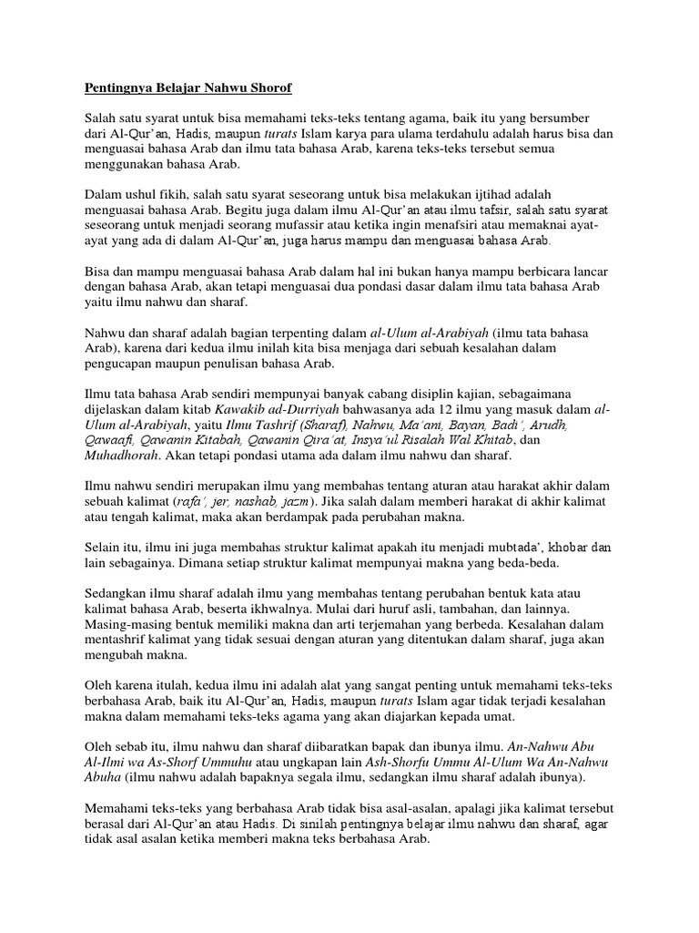 Pentingnya Belajar Nahwu Shorof | PDF
