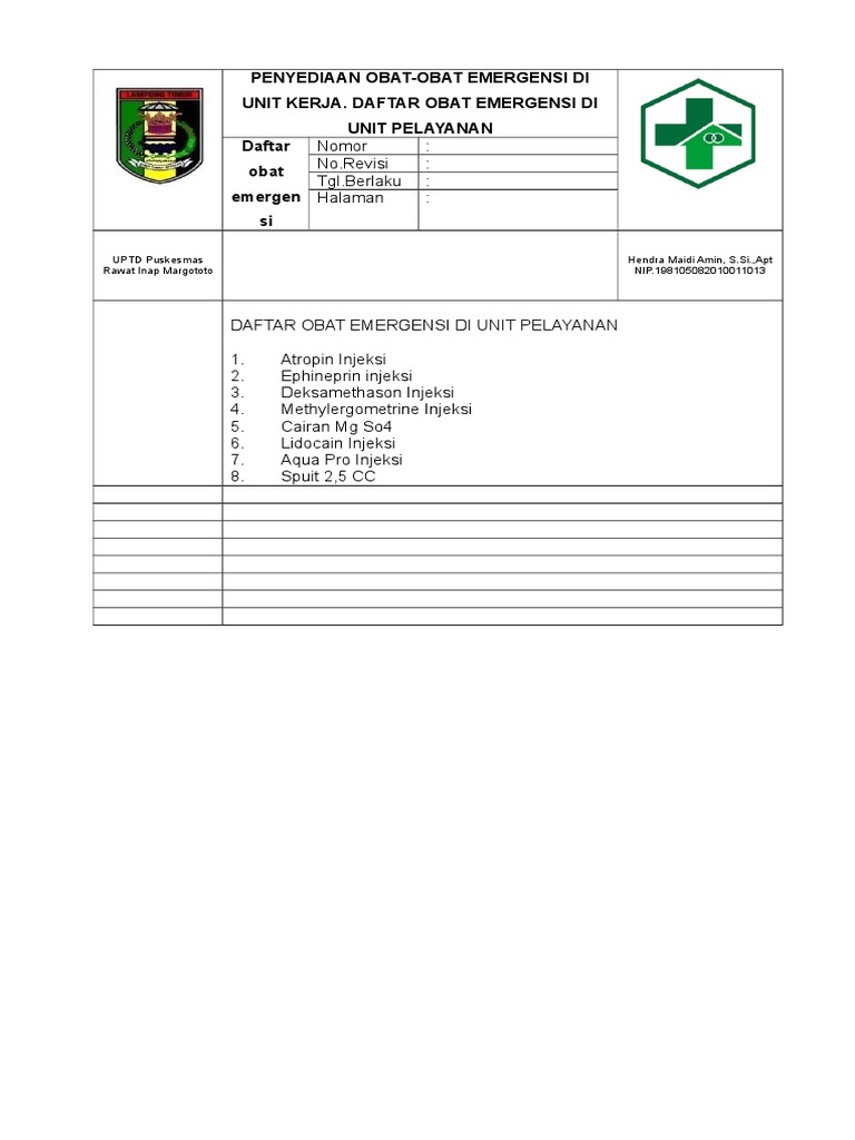 Daftar Obat Emergensi Unit Pelayanan | PDF