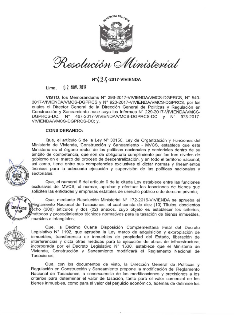 RM - 424-2017-VIVIENDA Reglamento Modificado Tasac PDF | PDF
