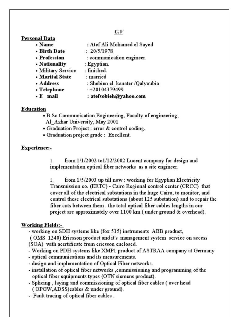 Fiber Optic Technician CV Example | PDF | Optical Fiber ...