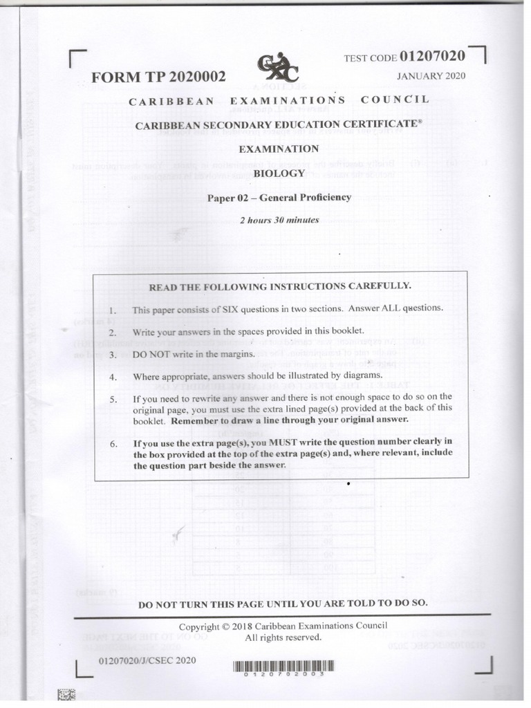 Csec 2020 (Jan) - Biology Paper 2 PDF | PDF