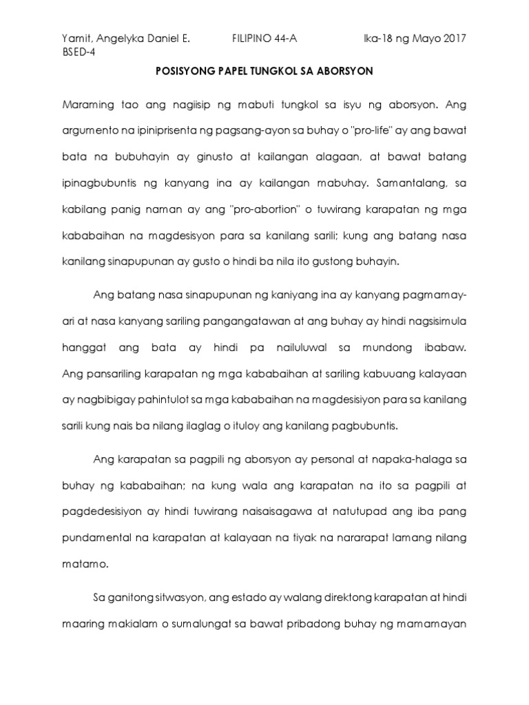 Posisyong Papel Tungkol Sa Aborsyon | PDF
