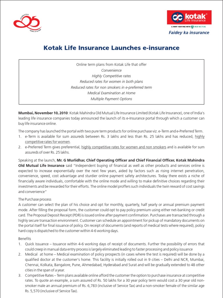 Kotak Life Insurance Launches e Insurance Nov 10 2010 | PDF | Life ...