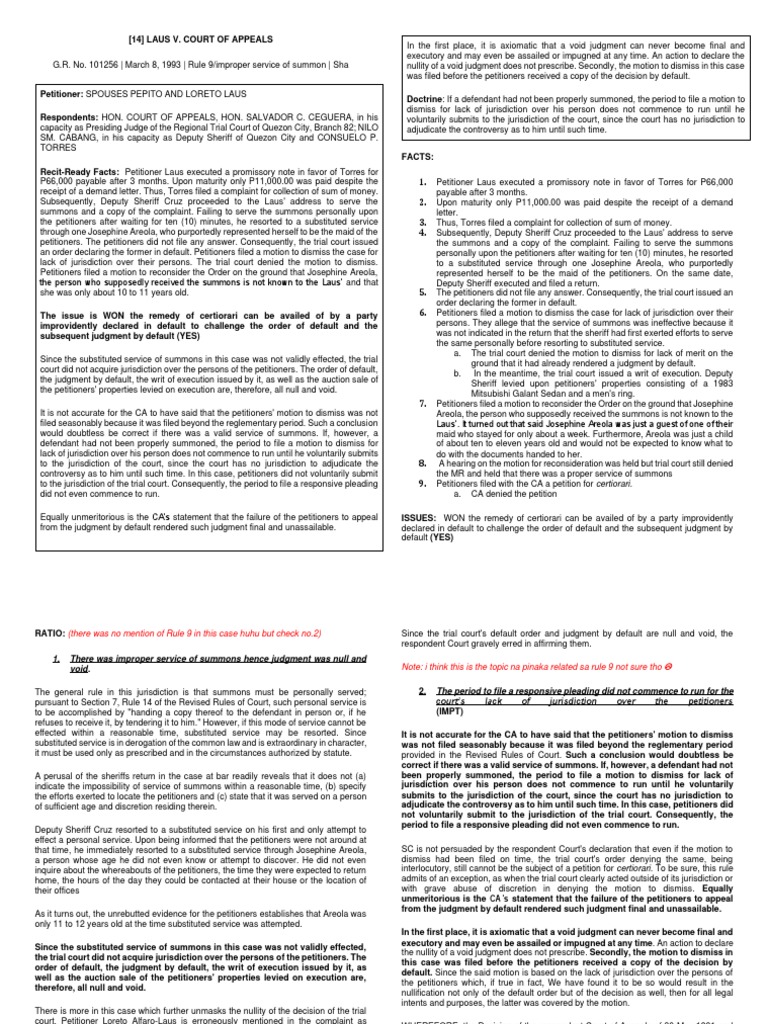 Invalid Service of Summons in Laus Case | PDF | Law