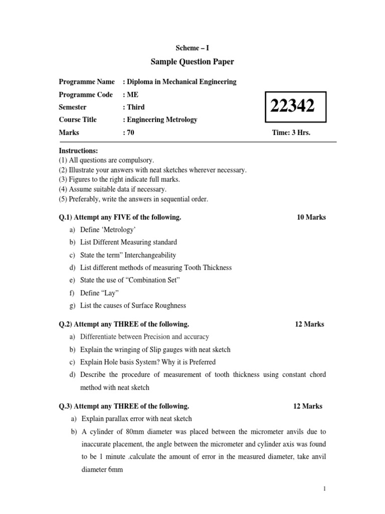 Sample Question Paper Engineering Metrology | PDF