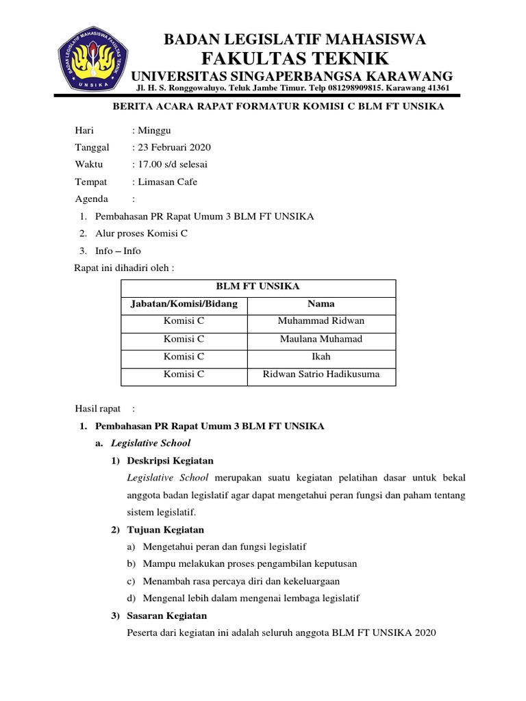 Berita Acara Rapat Komisi C BLM FT UNSIKA 2020 | PDF | Teknologi & Rekayasa