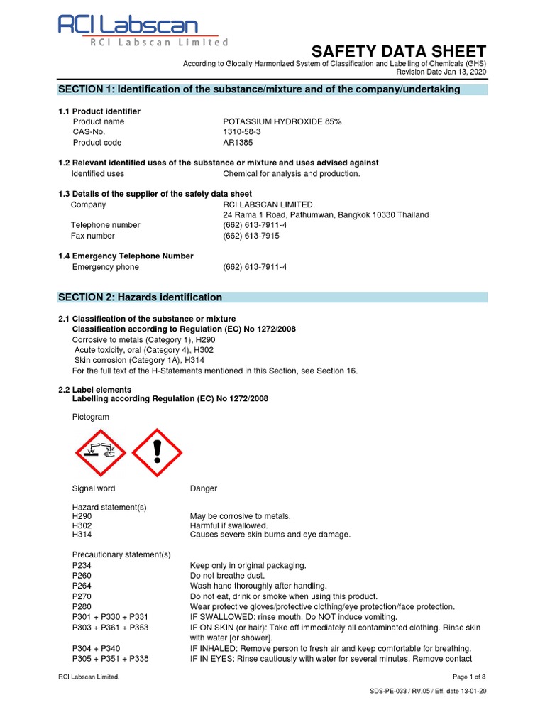 SDS Potassium Hydroxide | PDF | Dangerous Goods | Materials