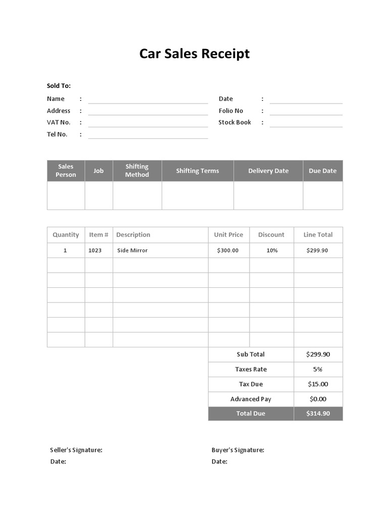 Car Sales Receipt Template | PDF