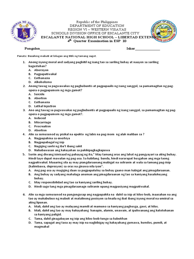 Esp10 4th Quarter Exam | PDF