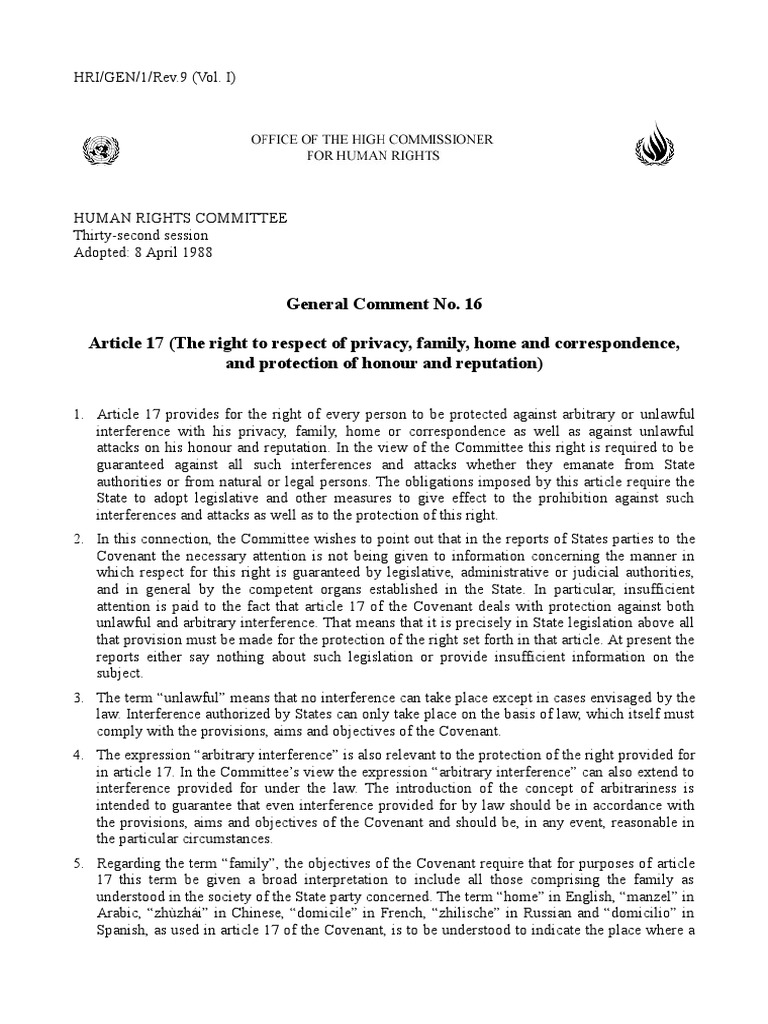 Article 17: Right to Privacy and Protection | PDF | Privacy | Covenant ...