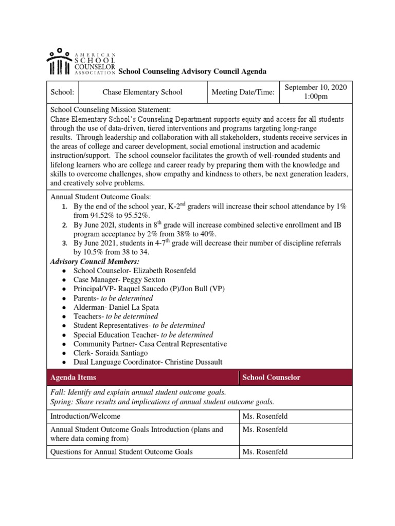 SC Advisory Council Agenda | PDF | School Counselor | Teachers