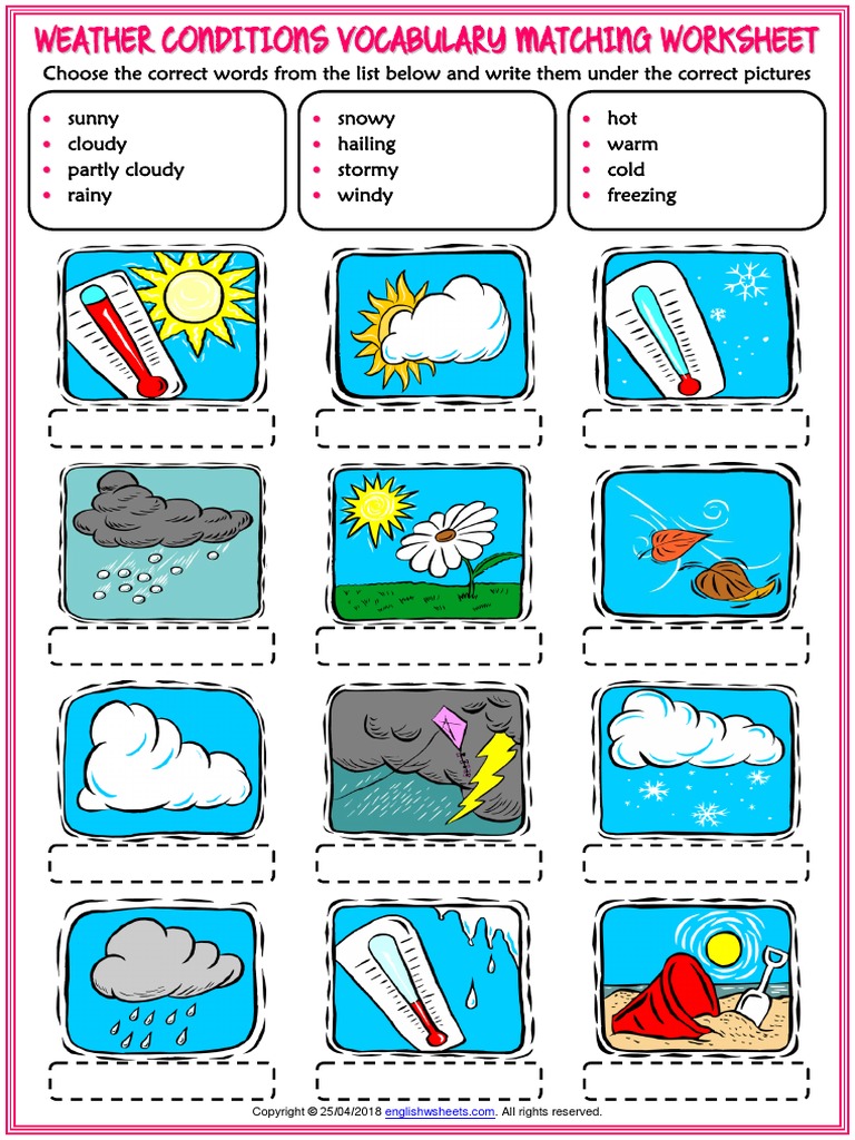 Weather Conditions Vocabulary Esl Matching Exercise Worksheet For Kids ...