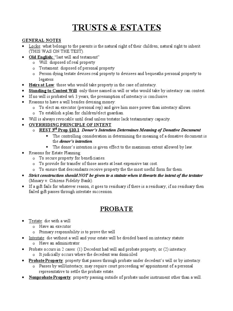 Estates Outline 2010 | PDF | Probate | Intestacy