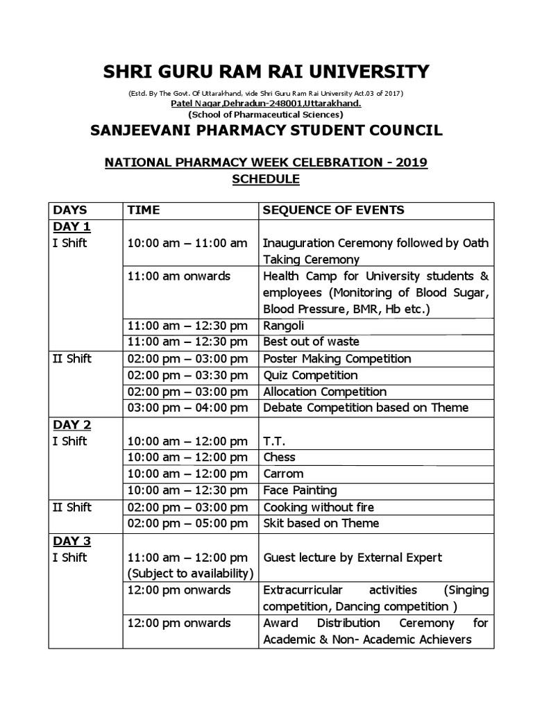 Pharmacy Week Schedule | PDF | Science & Mathematics