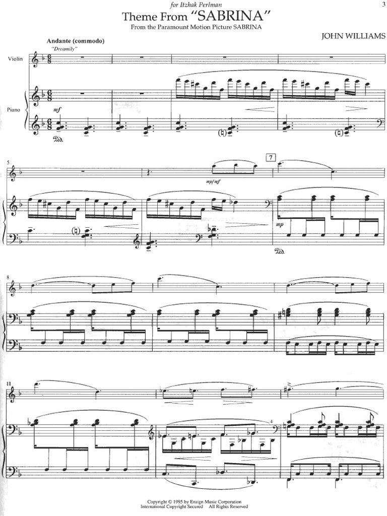 John Williams - Sabrina - Theme (Piano&Violin) | PDF