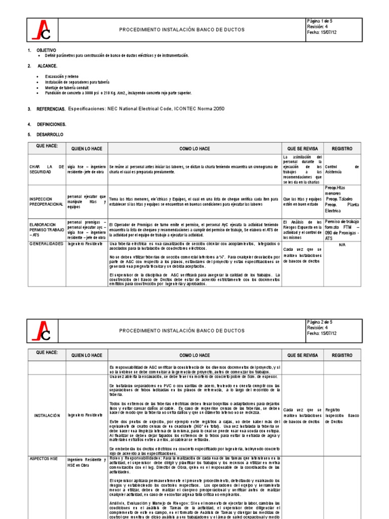 Procedimiento de Instalacion de Banco de Ductos | PDF | Ingeniería ... Procedimiento de Instalacion de Banco de Ductos | PDF | Ingeniería ...
