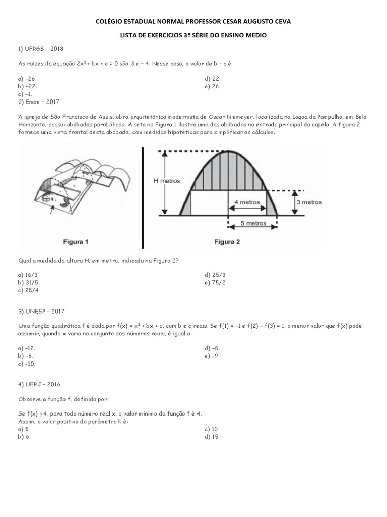 LISTA DE EXERCICIOS SOBRE FUNÇÕES QUADRATICAS | Função (Matemática ...