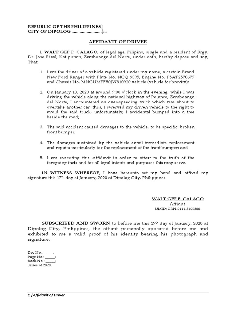 Affidavit of Driver - Sample | PDF