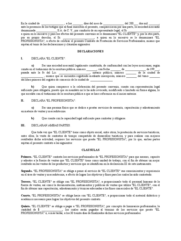 Contrato Civil de Prestaci N de Servicios Profesionales en Materia de Capacitaci N en Ventas ...