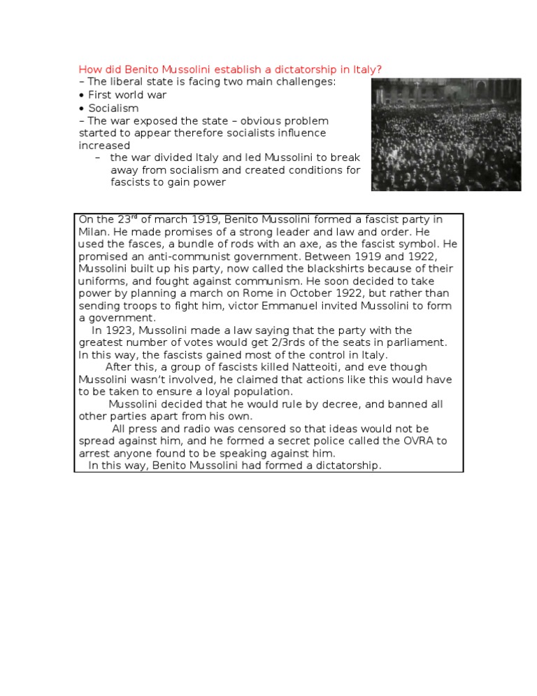 Mussolini's Rise to Dictatorship in Italy | PDF